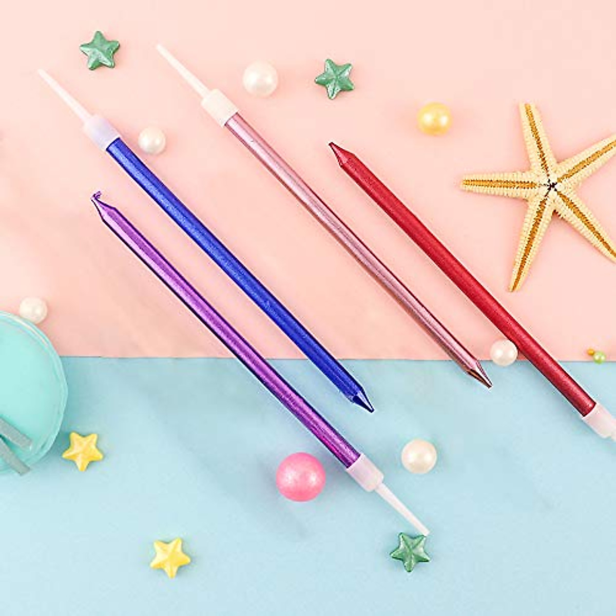 12 Count Long Thin Blue Birthday Cake Candles in Holders for Birthday Wedding Party Cupcake Decorations Tall Candles