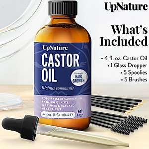UpNature Castor Oil 4oz- 100% Pure for Hair, Eyelashes & Eyebrows- Cold Pressed, Hexane Free, Made in USA- Stimulate Hair Growth Moisturize Skin/ Scalp-12pc Treatment Kit w Spoolies Dropper