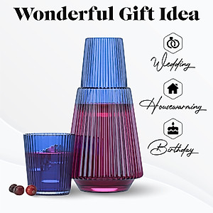 Vintage Bedside Water Carafe With Tumbler – 37 Oz Ribbed Pitcher and Matching Drinking Glass Doubles As Lid For Guest Room, Office-Makes A Gift, 4.5”x 9.25", Blue, American Atelier