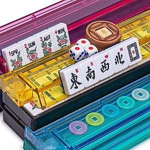 Yellow Mountain Imports American Mahjong Game Set, Santorini with Blue Soft Case - All-in-One Racks with Pushers, Wright Patterson Scoring Coins, Dice, & Wind Indicator