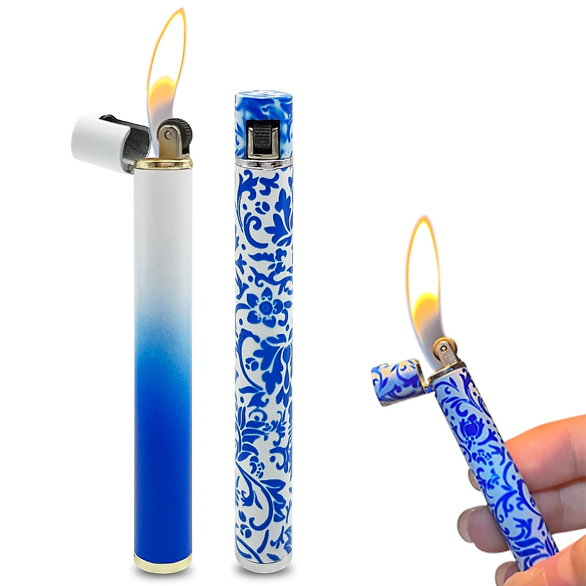 2pcs Torch Lighter, Mini Cylindrical Strip Refillable Gas Lighter, Portable Adjustable Soft Flame Lighter for Kitchen, Indoor,Outdoor,Grill,Camping(without Butane Gas)-Blue White Porcelain/Blue White