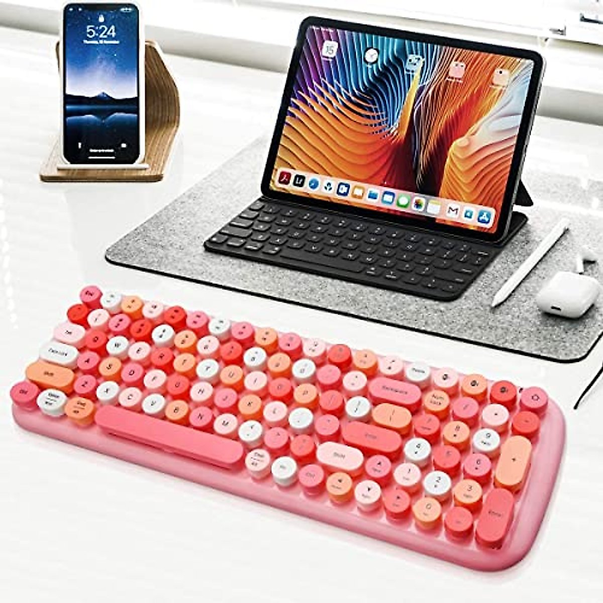 MOFII Bluetooth Wireless Keyboard for iPad, Laptop, PC, Mac, Smartphone, Connect 3 Bluetooth Devices, Cute Colorful Round Keys Retro Aesthetic Keyboard - Pink