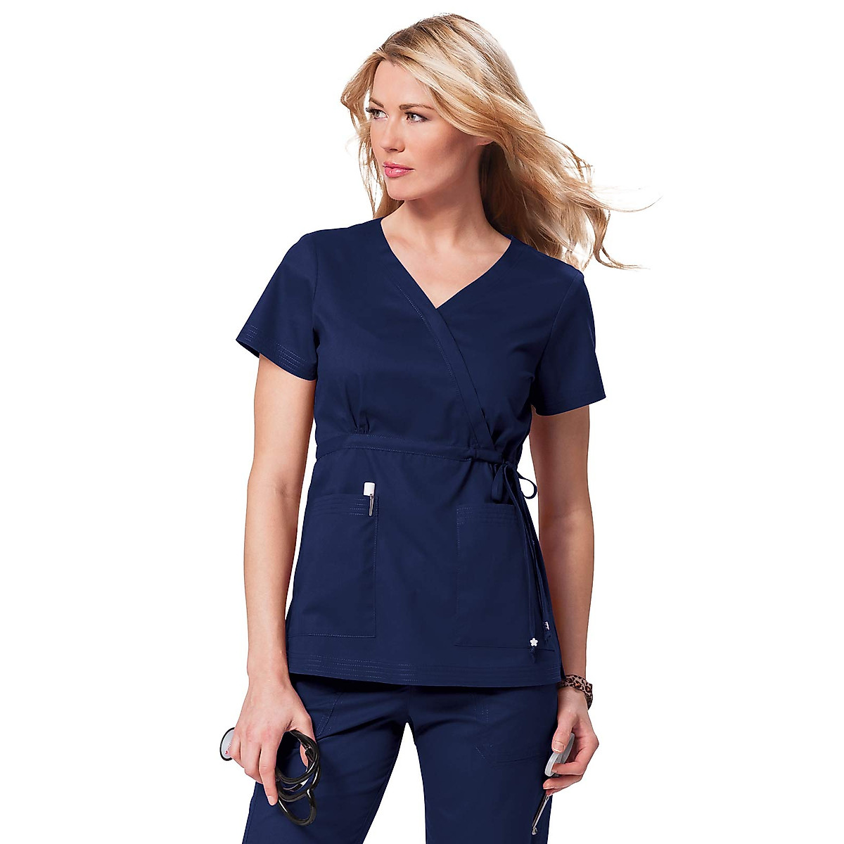 KOI Women's Katelyn Easy-fit Mock-wrap Scrub Top with Adjustable Side Tie, Navy, X-Large