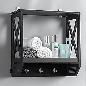J JINXIAMU Bathroom Wall Shelf,Wall Shelves Over The Toilet Storage Fit for Any Room,Wall Shelf with Hooks Great Key Holder for Wall Decorative,Floating Bathroom Shelves Nice Bathroom Decor,Black