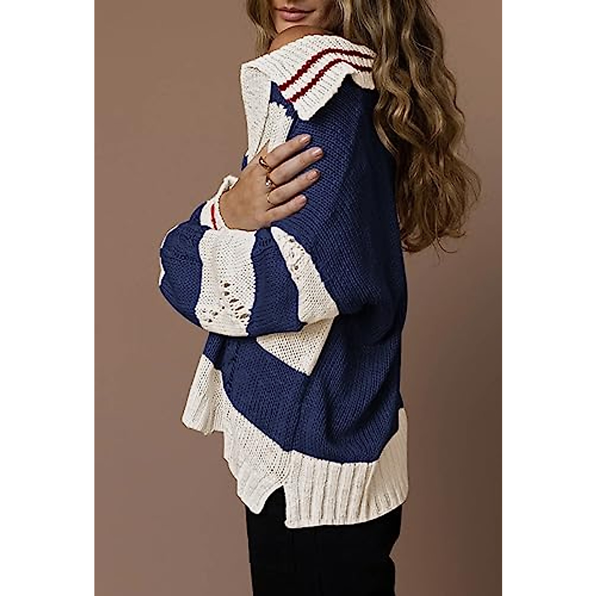 Meenew Women's Baggy Loose Knit Sweater Plunge V Neck Long Sleeve Fashion Loose Crop Tops Dark Blue S