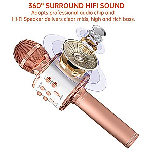 OVELLIC Karaoke Microphone for Kids, Wireless Bluetooth Karaoke Microphone with LED Lights, Portable Handheld Mic Speaker Machine, Great Gifts Toys for Girls Boys Adults All Age (Rose Gold)