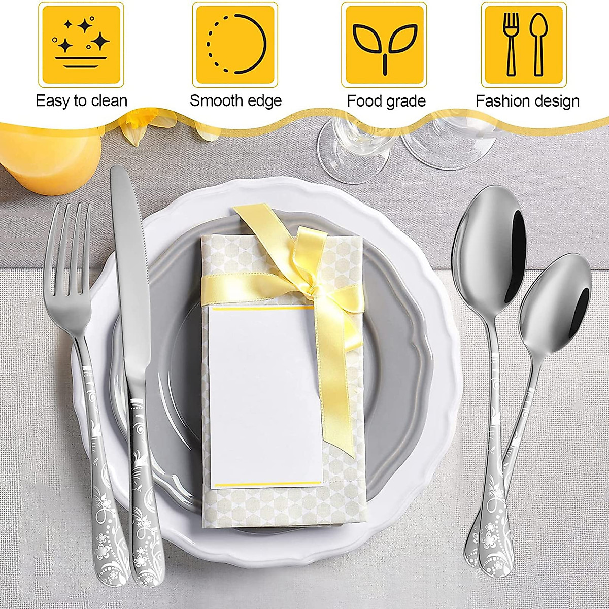 Vilihkc Unique floral pattern Silverware Set Mirror Polished Flatware Set Service for 4 Cutlery Set Stainless Steel Utensil Set for Kitchen Dishwasher Safe(20pcs)