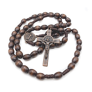 Nazareth Store St.Benedict Wood Beads Rosary Necklace Cord Beaded Catholic Rosary Saint Medal with Cross in Bronze Plating