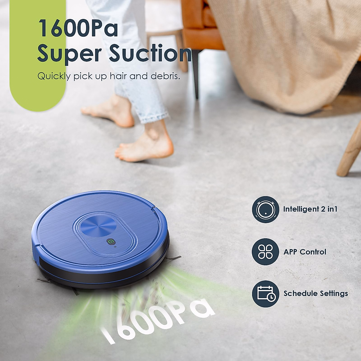 Robot Vacuum and Mop Combo, 3 in 1 Mopping Robotic Vacuum with Schedule, App/Bluetooth/Remote, Max Suction 1600Pa, Self-Charging Robot Vacuum Cleaner, Slim, Ideal for Hard Floor, Pet Hair, Carpet