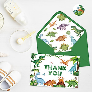 Whaline 24 Pack Dinosaur Thank You Card Watercolor Green Jurassic Greeting Card with Envelopes Sticker Cute Animal Blank Note Card for Baby Shower Party Invitation Supplies, 4 x 6 Inch