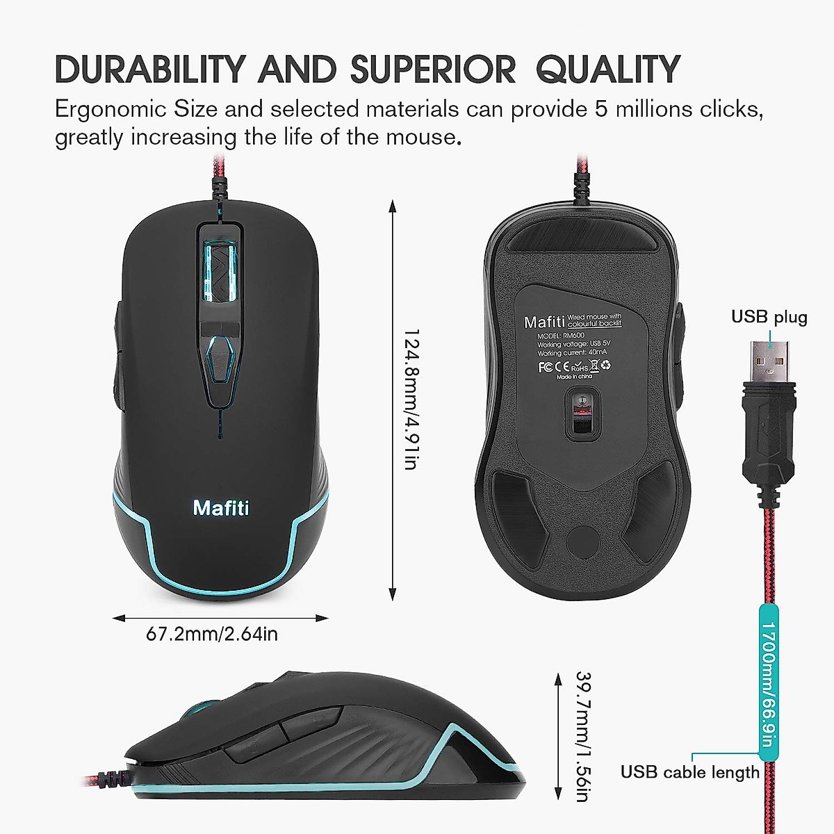 mafiti Wired Mouse, Computer Mouse for Laptop Notebook Desktop USB RGB Mice 3200DPI