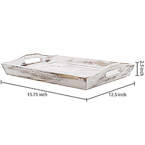 MyGift 16-inch Whitewashed Wood Decorative Serving Tray with Handles, Rectangular Breakfast OttomanTray
