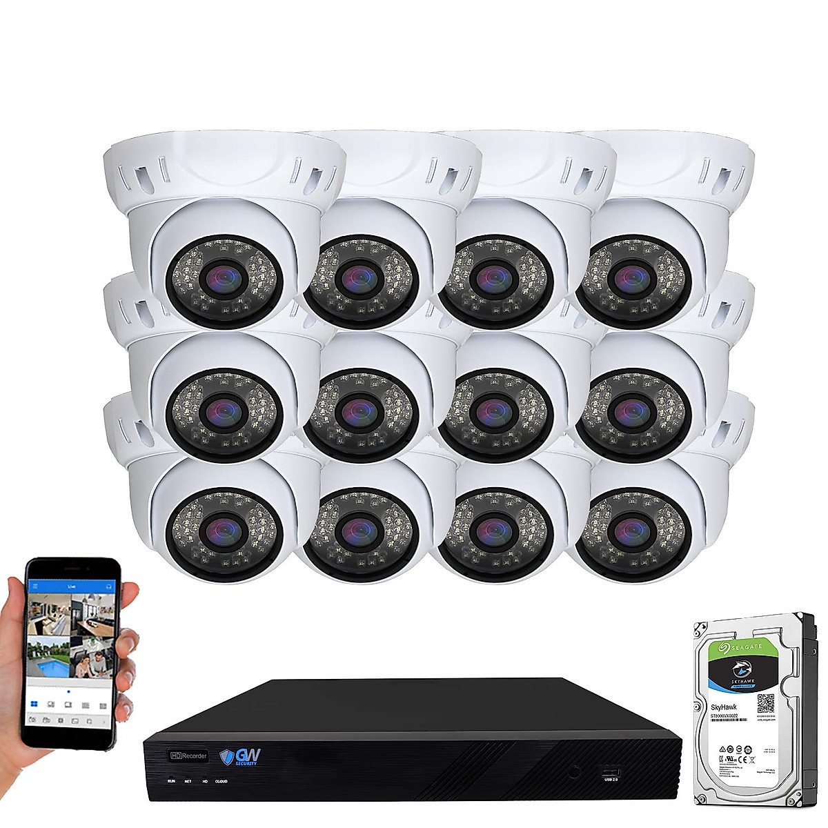 GW Security 16 Channel 4K NVR 5MP H.265 IP Surveillance Security Camera System with 12-Piece Super HD 1920P Weatherproof PoE Security Dome Cameras, AI Human Detection
