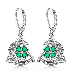 Shamrock Earrings St Patricks Day Earrings for Women Celtic Knot Four Leaf Clover Trinity Irish Leverback Drop Sterling Silver Green Jewelry