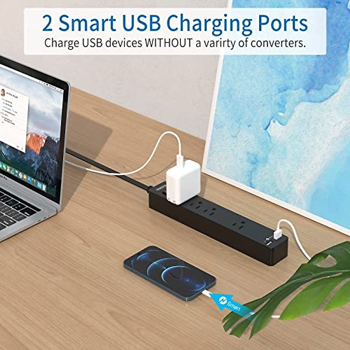 Flat Cord Power Strip with USB Bundle, NTONPOWER Flat Plug Power Strip with 15 Ft Extra Long Thin Extension Cord Under Rug, Carpet, Door, 3/4 Outlets 2 USB Charging Station for Home Office, Black