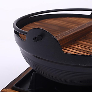 Hgjgwqh Japanese Style Cast Iron Shabu Shabu Hot Pot Sukiyaki Nabe with Wood Lid and Cooking Stove Traditional Nonstick Cookware Serveware for Sukiyaki Noodle Ramen Soup,20cm/7.9inch