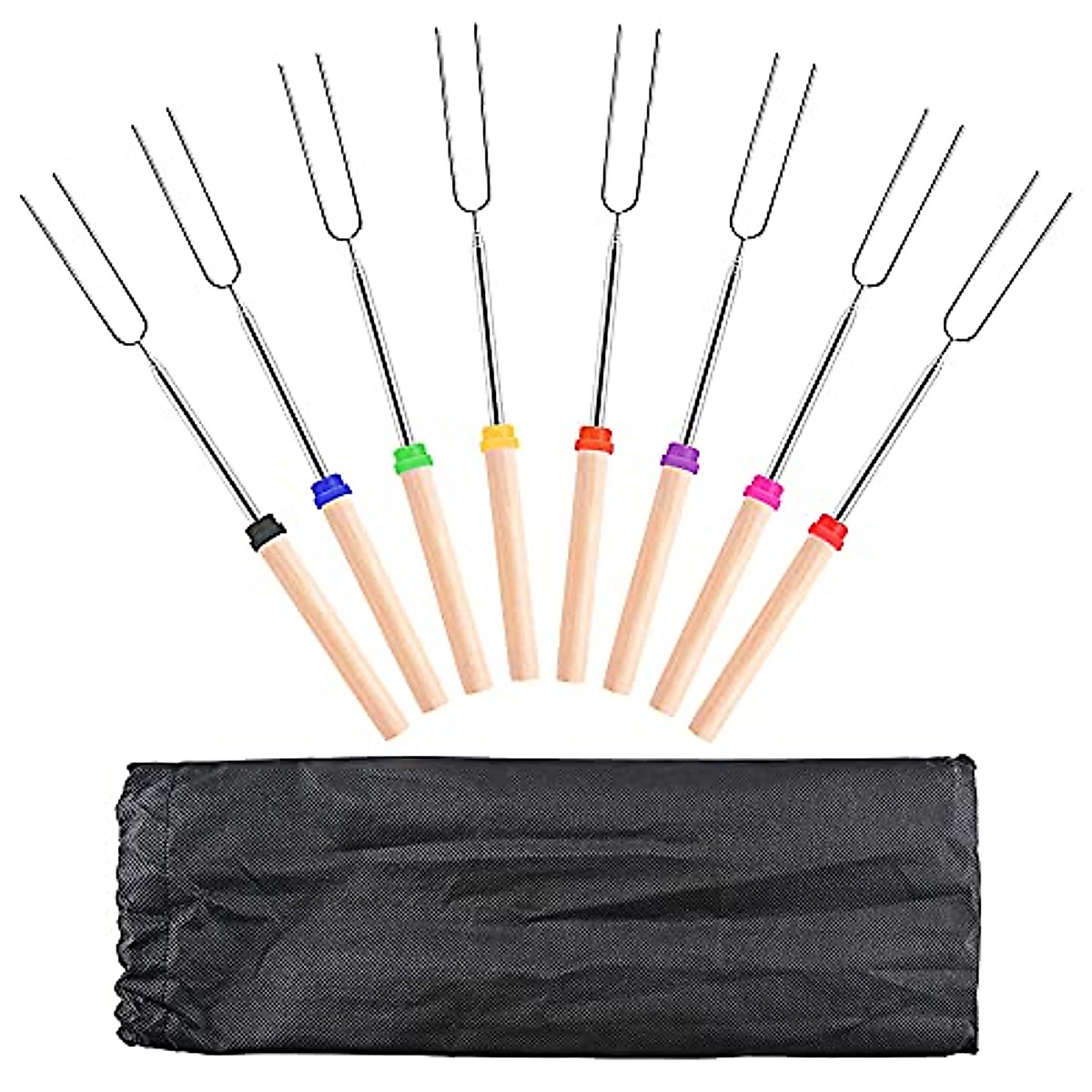 Marshmallow Roasting Sticks 8Pack, 32Inch Telescopic Barbecue Forks Retractable Stainless Steel Smores Skewers with Anti-slip Wooden Handle for BBQ Outdoor Camping Campfire Firepit