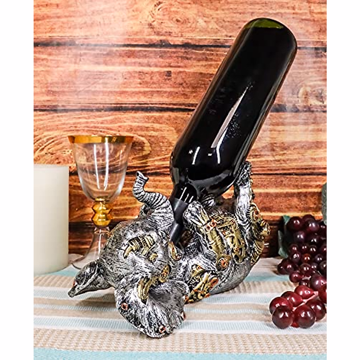 Ebros Steampunk Industrial Victorian Sci Fi Cyborg Robotic Elephant Wine Bottle Holder Figurine 9" Long with Painted Gearwork Clockwork and Mechanical Parts Party Hosting Accessory Elephants
