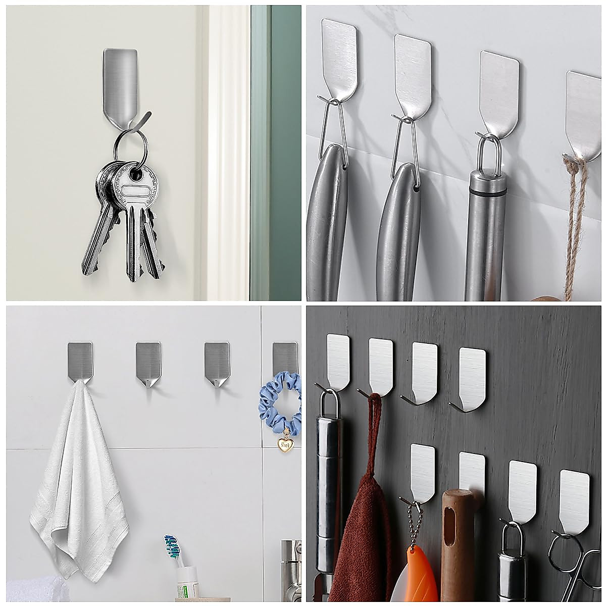 Vicosey Adhesive Hooks Hanging,Adhesive Hooks,Heavy Duty Wall Hook,8Pack Silver Hanger Plants Lights Towels Hat for Door & Wall,3m Damage-Free No-Drill