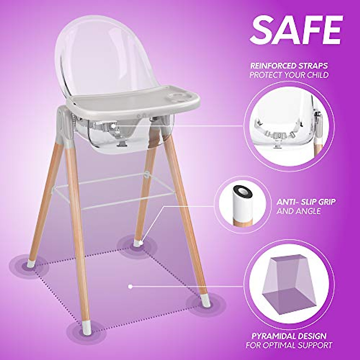 Children of Design 6 in 1 Deluxe Wooden High Chair for Babies & Toddlers, Modern Safe & Compact Baby Highchair, Easy to Clean, Removable Tray, Easy to Assemble, 6 Options 3 Seat Positions 2 Heights
