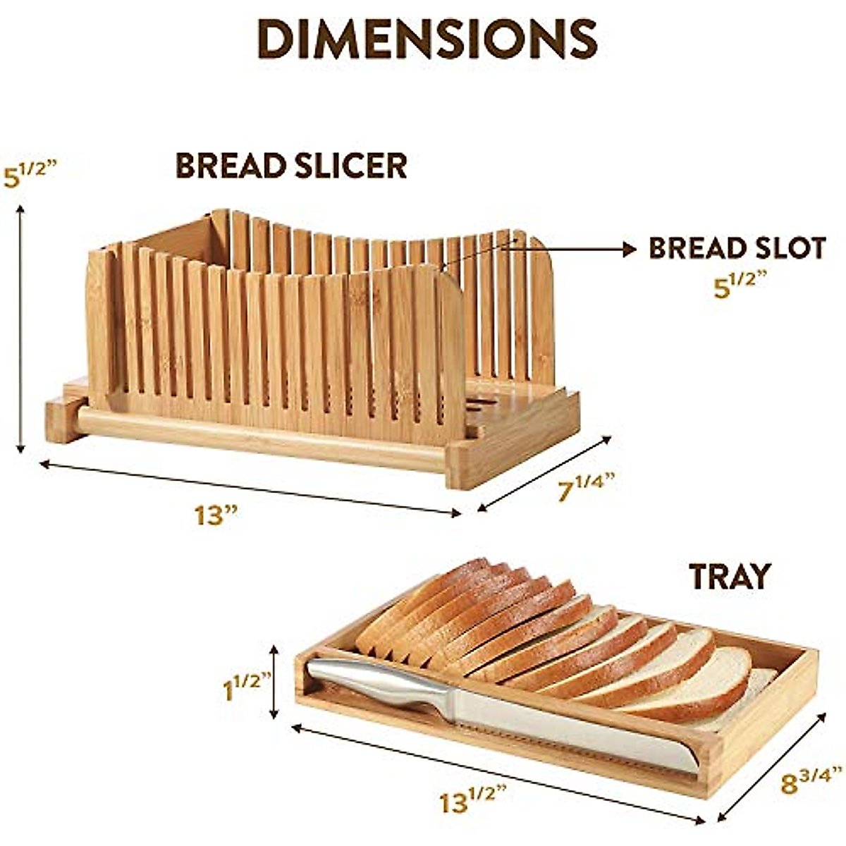 RAXXIO Bamboo Bread Slicer with Knife, Adjustable, Foldable and Compact with Crumb Tray, Bread Cutter for Homemade Bread, Loaf Cakes, Bagels Slicer, 3 Different Size Slices