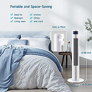 AKIRES 35” 70° White Oscillating Tower Fan 7H Timer,3 Speeds,3 Modes,Portable Electric Quiet Cooling Fan Standing Bladeless Floor Fans with Remote and LED Display for Office,Bedroom, Living Room