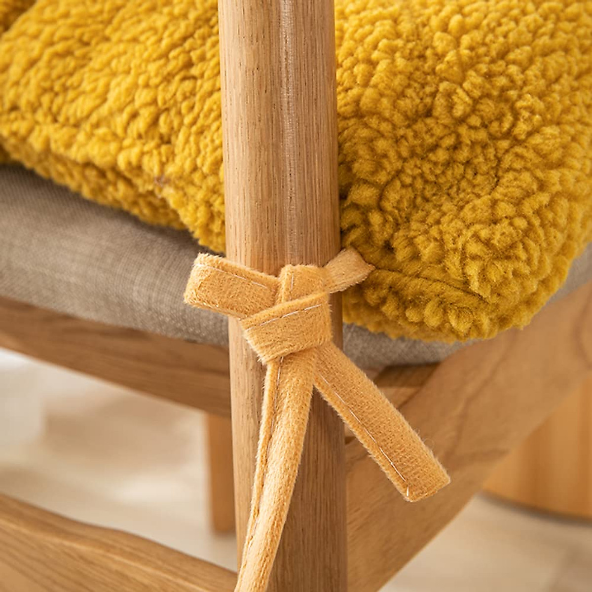 XSlive Soft Fleece Chair Pad with Ties,Fluffy Thick Sherpa Wool Square Seat Cushion for Winter Comfy Plush Cushion Pads for Home Office Chair (Yellow,16"x16")