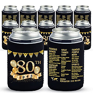 80th Birthday Can Cooler Sleeves Pack of 12- 1943 Sign -80th Anniversary Decorations - Dirty 80th Birthday Party Supplies - Black and Gold Eightieth Birthday Cup Coolers
