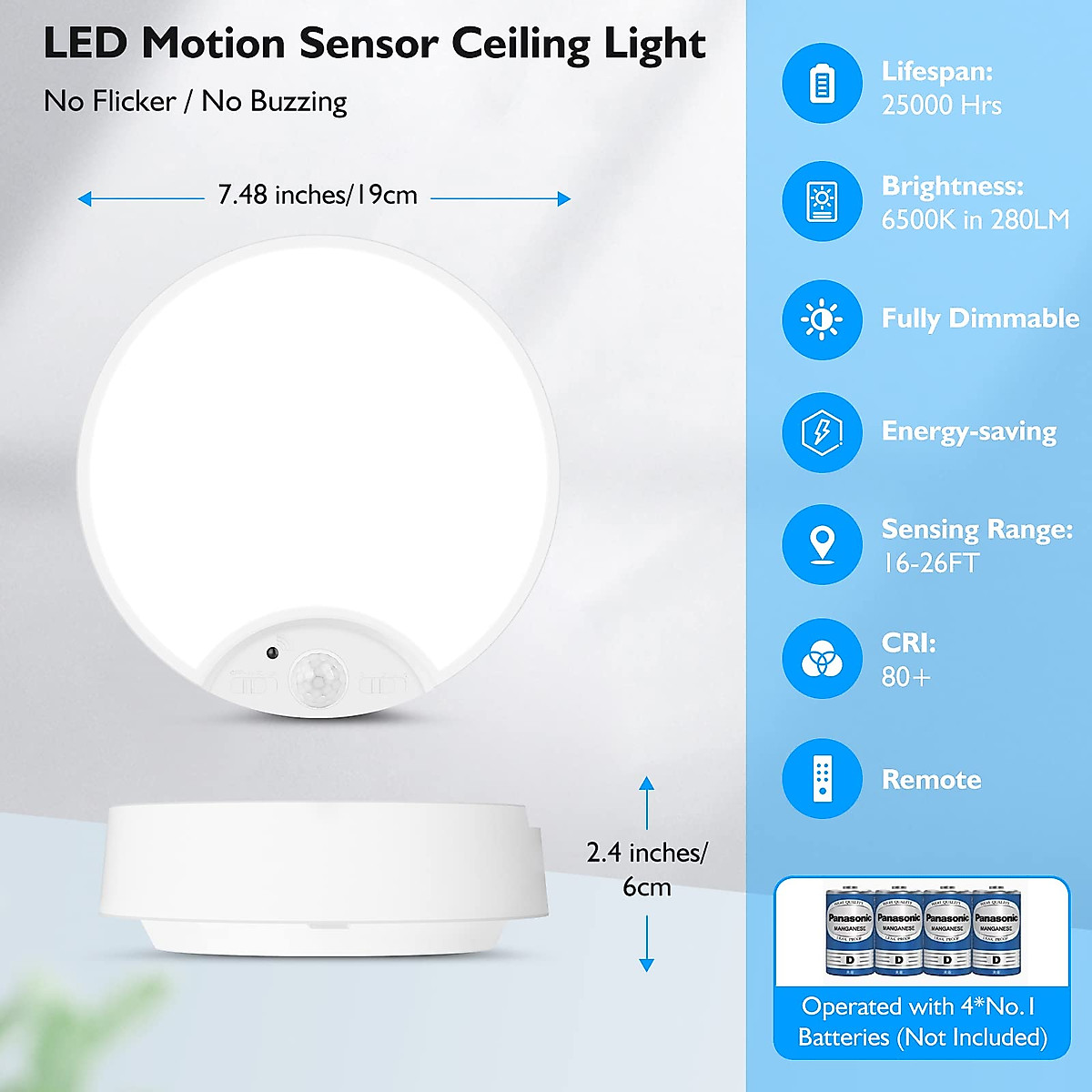 2-Pack Motion Sensor LED Ceiling Lights Battery Operated, 7.48inch 6500K Dimmable Flush Mount Light Fixtures with Remotes, Wireless Ceiling Lamps for Closet Pantry Laundry Garage(Battery Not Included)