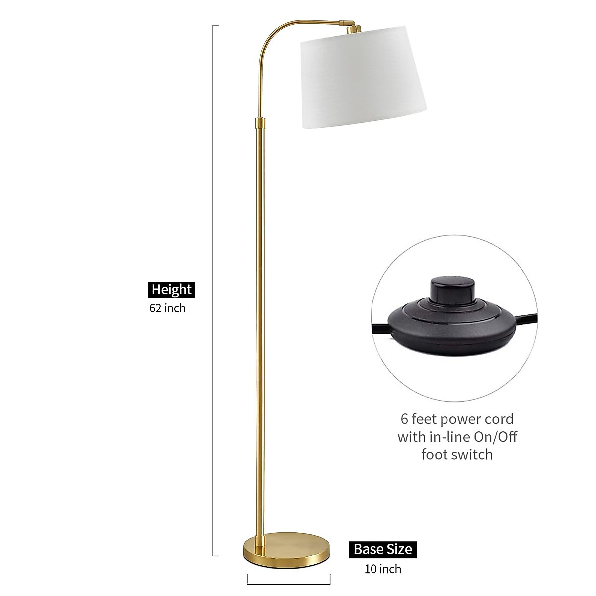 Oneach Modern Floor Lamp for Living Rooms LED Contemporary Arc Standing Lamps for Bedrooms Accent Tall Pole Gold Light for Reading with Hanging Lamp Shade Antique Brass