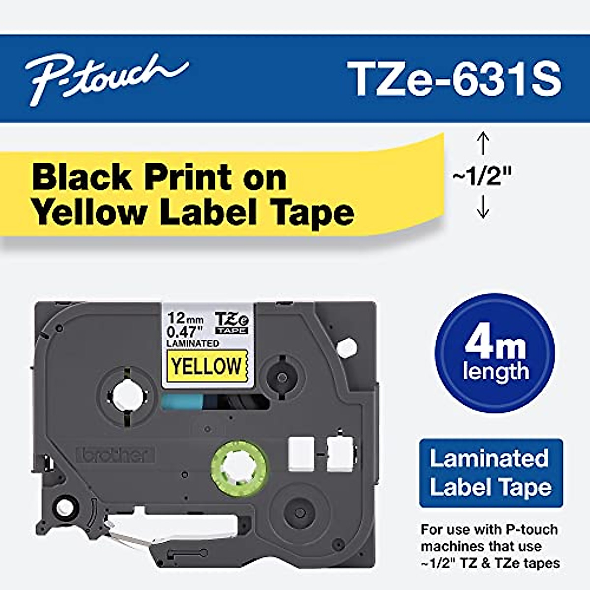 Brother Genuine P-Touch TZe-631S Economy Label Tape, Standard Laminated P-Touch Tape, Black on Yellow, Perfect for Indoor or Outdoor Use, Water Resistant, (4M), Single-Pack