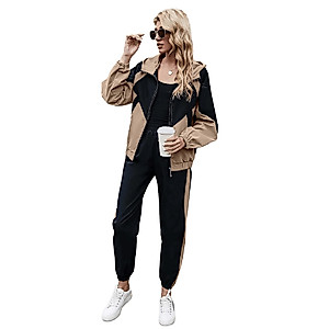 SweatyRocks Women's 2 Piece Outfits Long Sleeve Full Zip Jacket and Pants Tracksuit Set Khaki Black XL