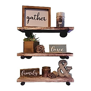 Ty Creations Floating Shelves with Industrial Pipe Brackets Home, Set of 3, Rustic Wall Mounted Wood Shelving Storage Home Decor for Bathroom, Kitchen, Bedroom, Living Room, Office