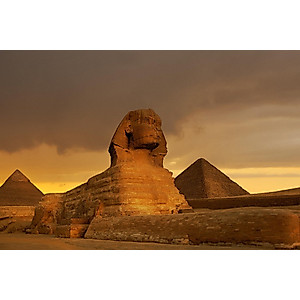 Sunset On Great Sphinx At Giza and Pyramid Complex Giza Necropolis Photo Photograph Ancient Egypt Ruins Monuments Desert Landscape Cool Wall Art Print Poster 18x12
