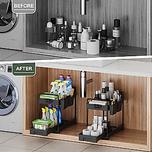 BAYANKHAR Under Sink Organizers and Storage, Multi-purpose Bathroom Organizer Under Sink, 2 Tier Under Kitchen Sink Organizer Sliding Cabinet organizer Basket with Hooks,Hanging Cup,Black,2 Pack