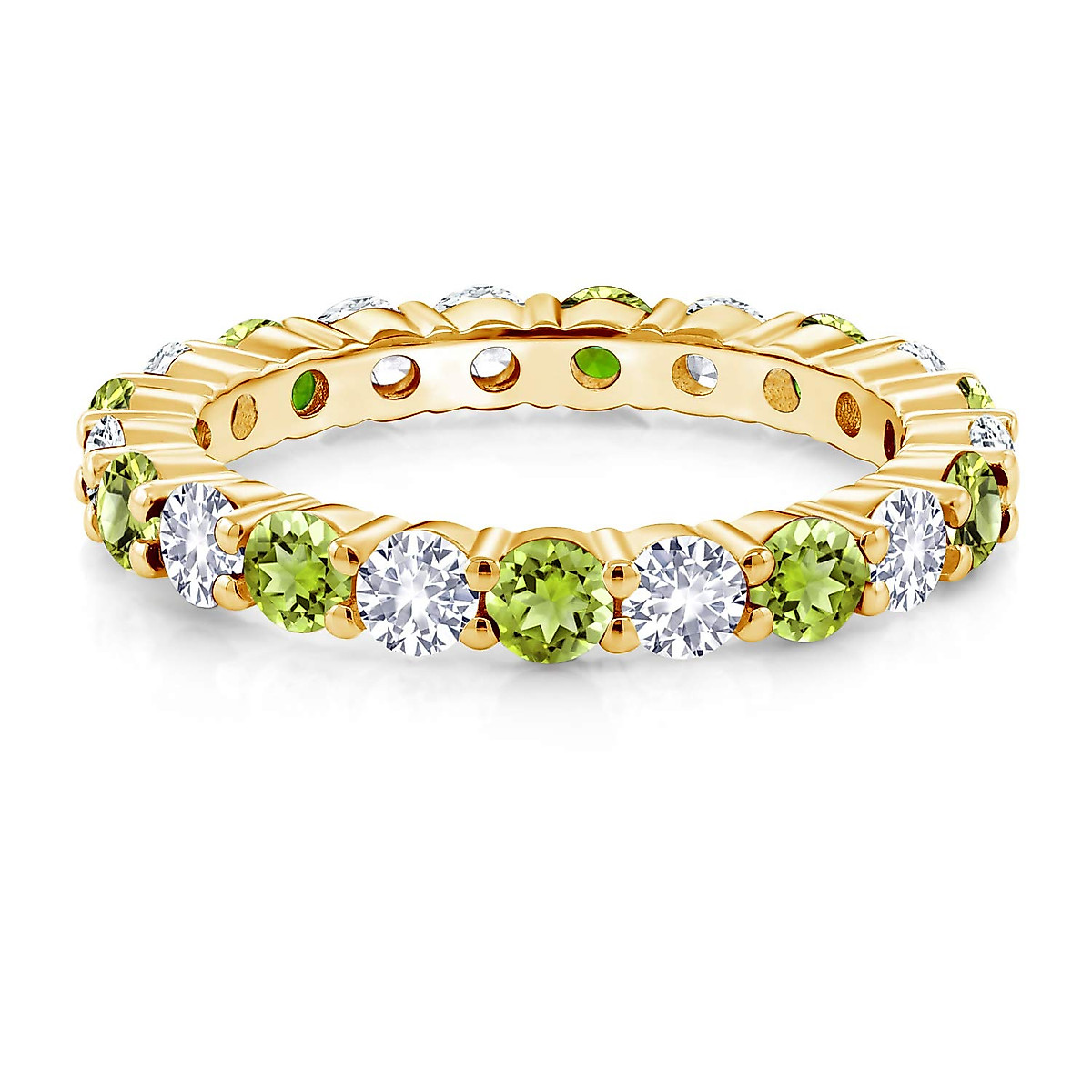 Gem Stone King 1.20 Ct Round Green Peridot and White Created Sapphire 18K Yellow Gold Plated Silver Eternity Band Ring (Size 5)