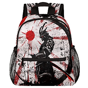 TropicalLife Japanese Samurai Bushido Kids Backpack for School Boys and Girls Vintage Japanese Flag Kindergarten Preschool School Bag with Chest Strap for Back to School
