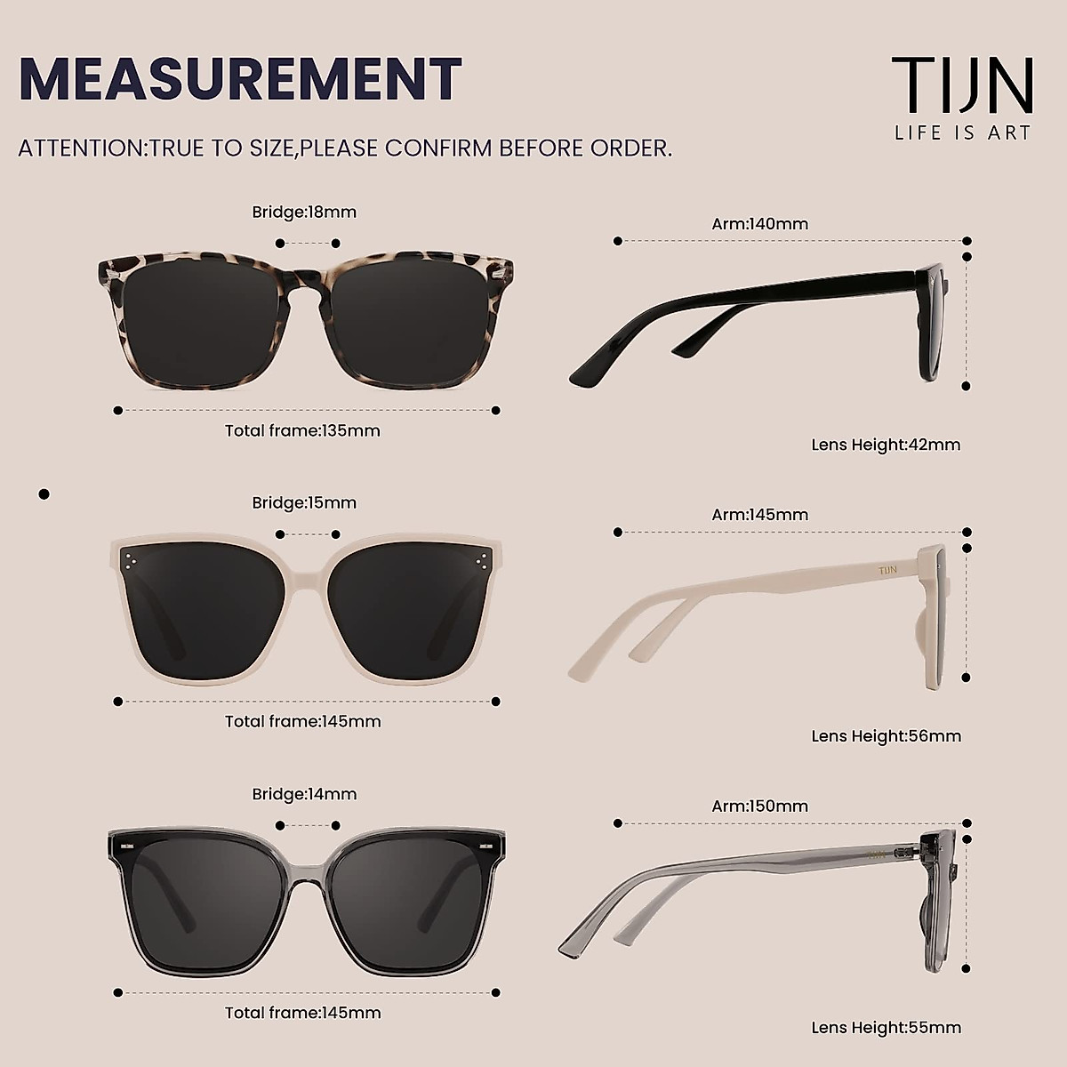 TIJN Sunglasses, Classic Polarized Sunglasses, Oversized Square Sunnies, Dark Shades for Women & Men, 3 Pack