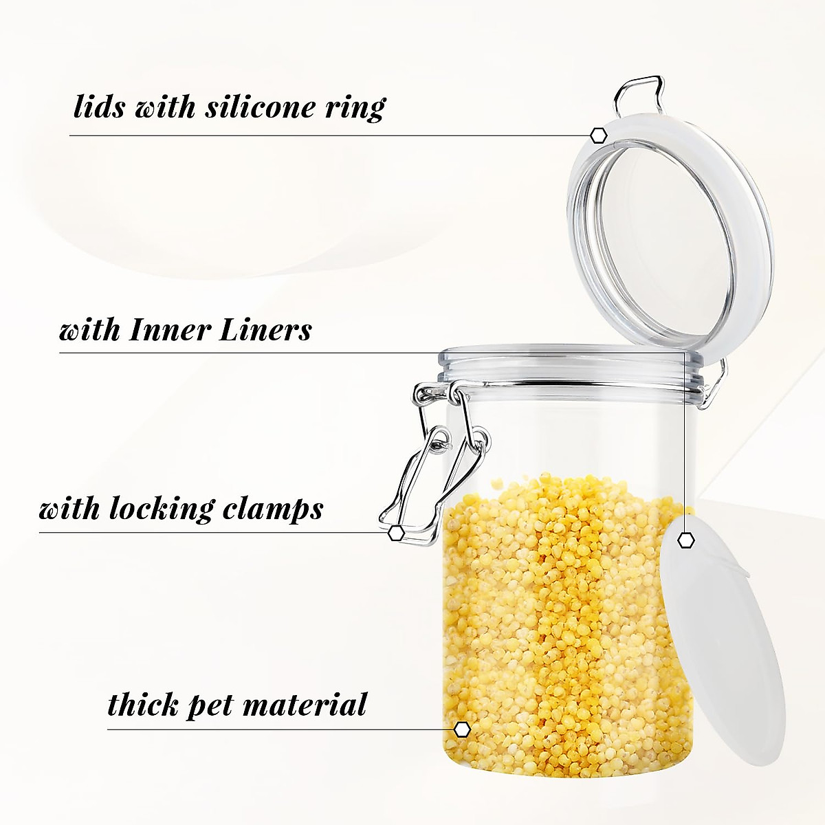 glasstore 2 Pcs 25 Oz/750ml Plastic Sealed Jar Empty Clear Food Storage Container Bottles With Locking Clamp For Sugar Coffee Nuts Spices Cookie And More