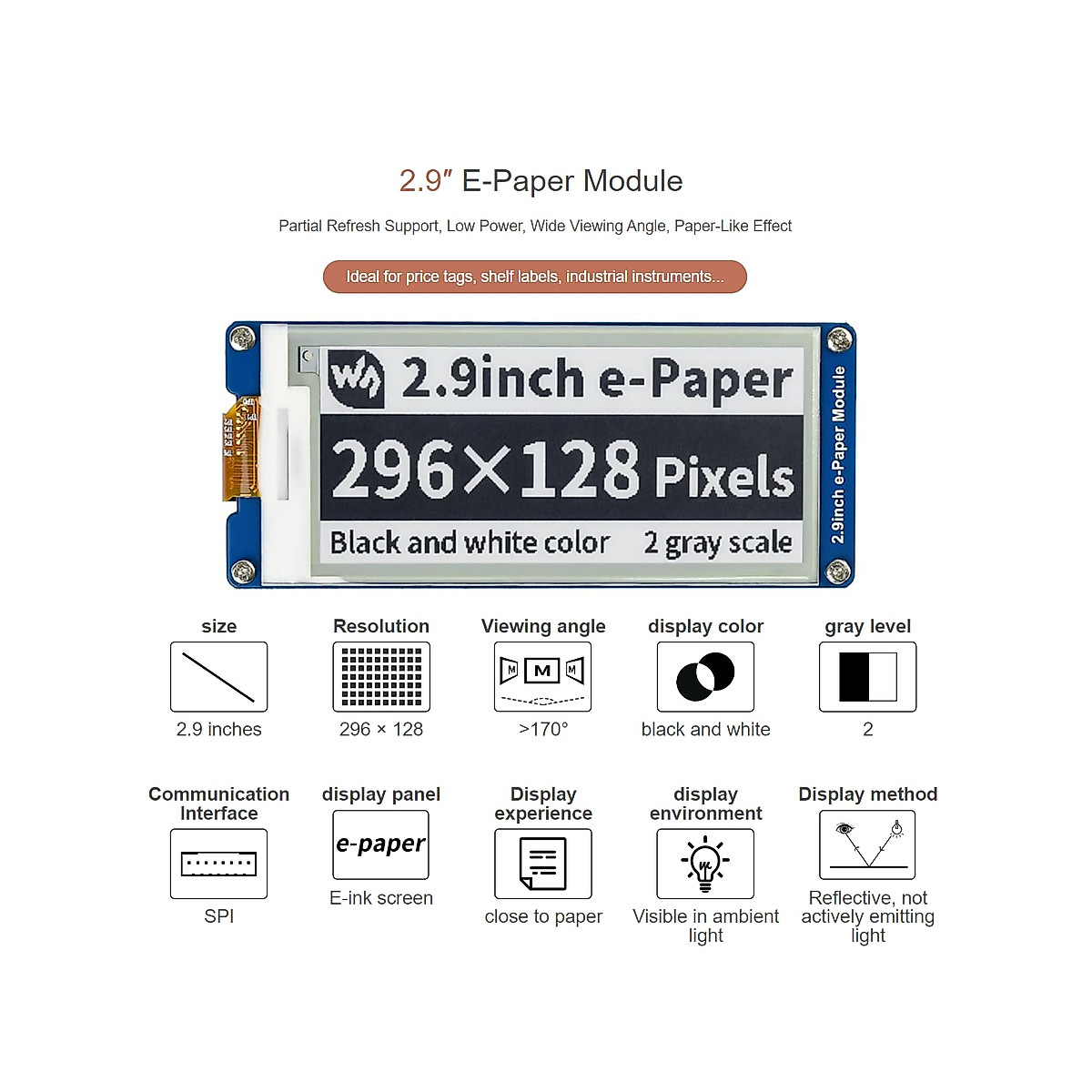 2.9inch e-Paper Display Module, 296x128 Resolution 3.3V/5V Two-Color epaper Display E-Ink Screen Module SPI Interface Compatible with Raspberry Pi/Arduino/Jetson Nano,Support Partial Refresh