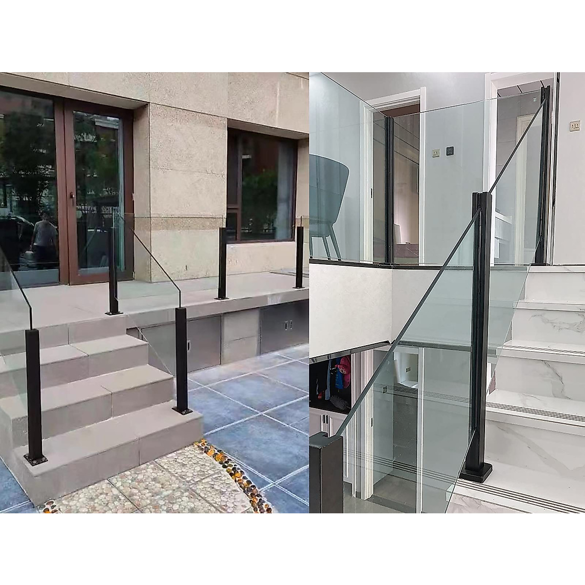 MBROS Extra Long Glass Railing Post Black, Stair Glass Deck Railing System Glass Panels Set, Stainless Steel Glass Balustrade Post for Balcony