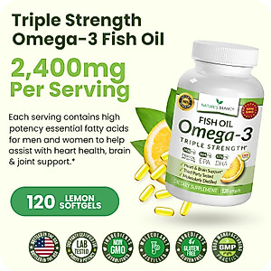 Best Triple Strength Omega 3 Fish Oil Pills 2400mg | 120 Capsules | Burpless High Potency Lemon Flavor | 864mg EPA 576mg DHA Ultra Pure Liquid Softgels | Brain Joints Eyes Hair Heart Health Supplement