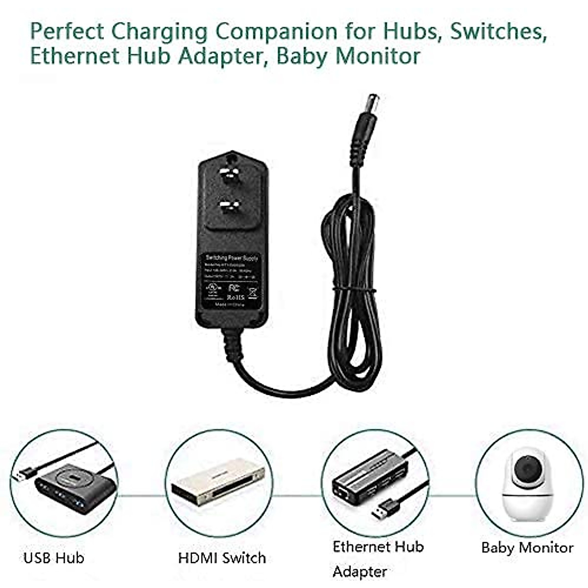 (2 Pack) 5V 2A Power Supply Adapter, BOLWEO AC 100-240V to DC 5V 1A Adaptor Cord Compatible with Baby Monitor,TV Box, Speaker, Camera,Audio/Video, 5V Router, DC Jack Barrel 5.5mmx2.1mm