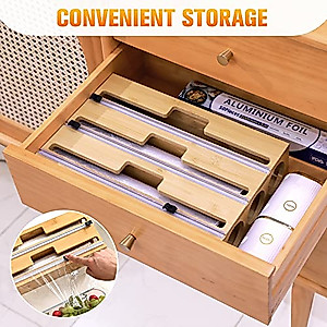 2 in 1 Foil and Plastic Wrap Organizer, Bamboo Packaging Dispenser with Cutter for Kitchen Foil, Plastic Wrap Organizer, Compatible with 12" Rolls