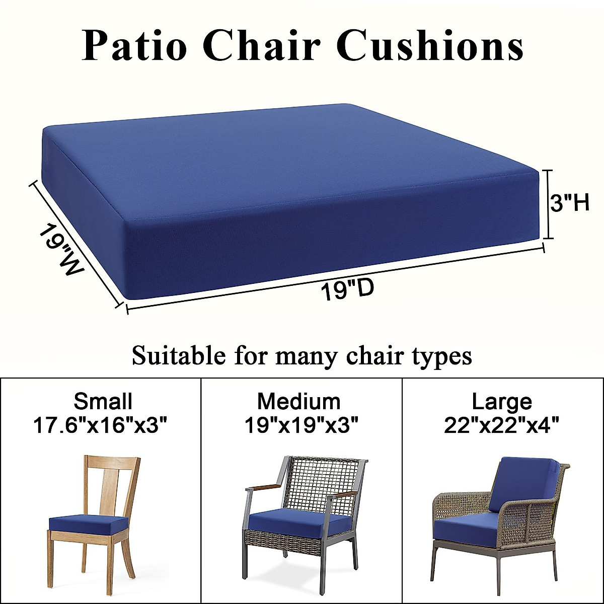 Topotdor Patio Chair Cushions Set of 2,Waterproof Outdoor Chair Cushions with Fade Resistant Removable Cover with Adjustable Straps for Patio Furniture Garden Sofa Couch,19"x19"x3" Blue