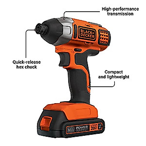 BLACK+DECKER 20V MAX* POWERCONNECT 1/4 in. Cordless Impact Driver Kit (BDCI20C)