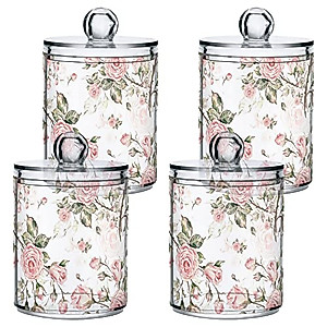 Kigai 2PCS Pink Roses Flowers Qtip Holder Dispenser with Lids - 14 oz Bathroom Storage Organizer Set, Clear Apothecary Jars Food Storage Containers, for Tea, Coffee, Cotton Ball, Floss