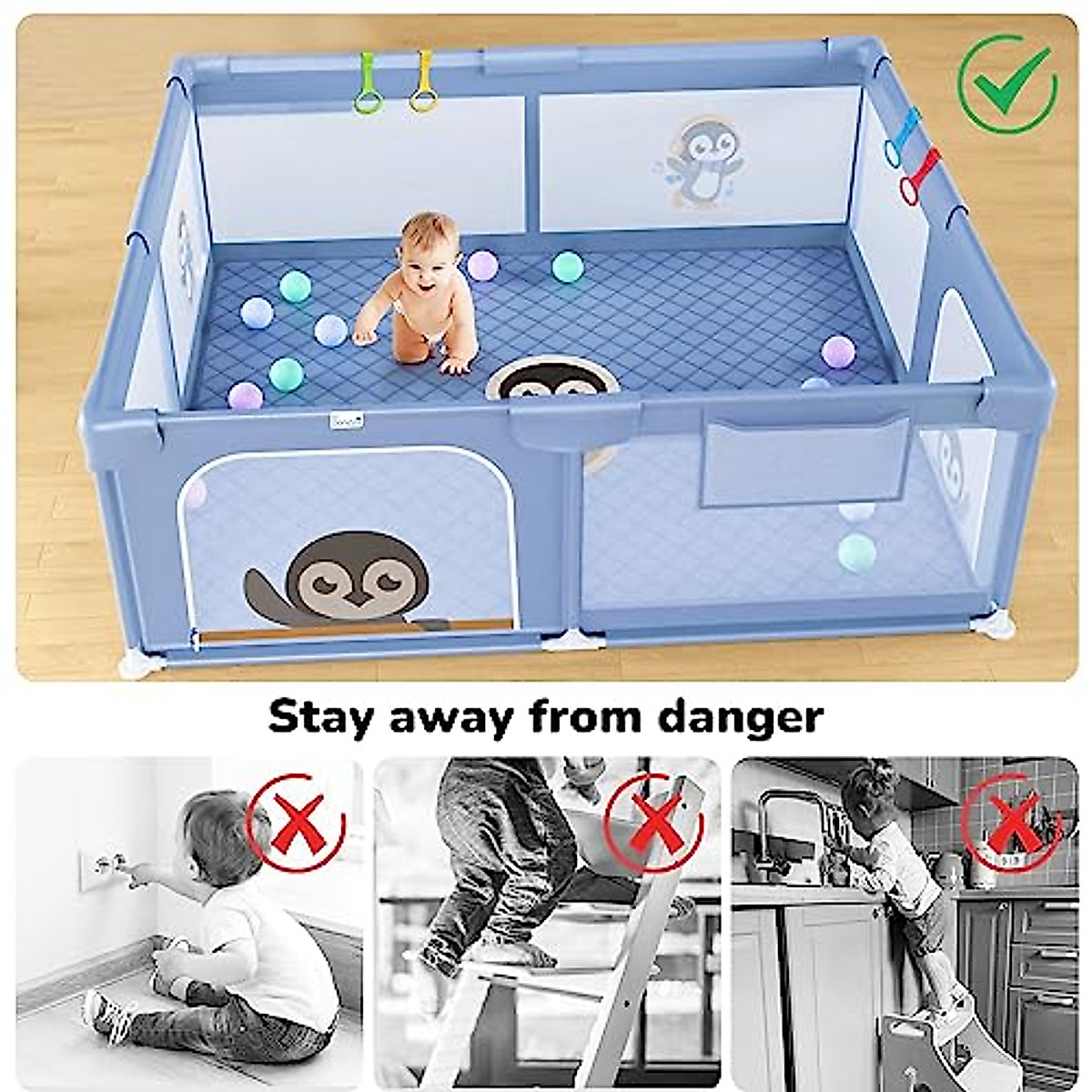Baby Playpen for Babies and Toddlers, 71 x 59 inch Playpen with Mat, Unique Little Penguin Character Design, Soft Breathable Mesh Baby Play Yard for Indoor & Outdoor Family Time (Blue with Mat)