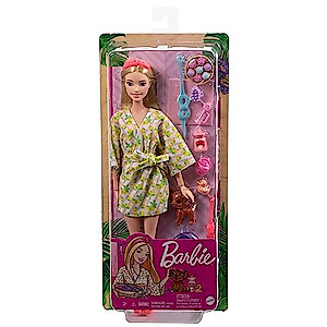 Barbie Self-Care Doll, Blonde Posable Spa Day Doll in Lemon Bathrobe with Puppy & Accessories Like Headband & Eye-Mask