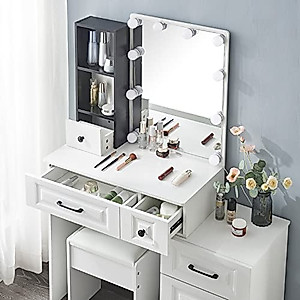 Abesthink Makeup Vanitv Table with Drawers,White Vanity with Mirror and Light Set,Vanity Desk with Drawers and Lights,Modern Vanity Table Desk with Shelves and Stool for Bedroom